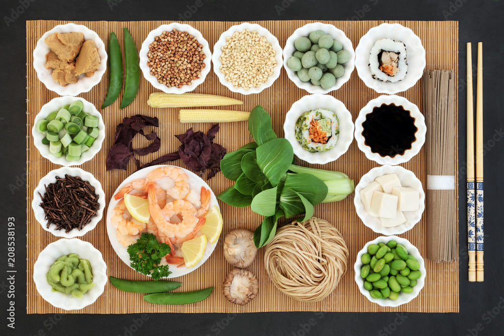 Macrobiotic Japanese food concept with seafood, sushi, miso and wasabi ...