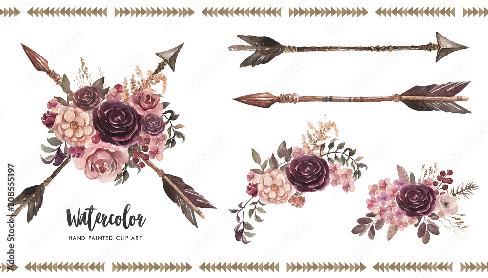 Watercolor boho floral illustration set - arrows with flower bouquets ...