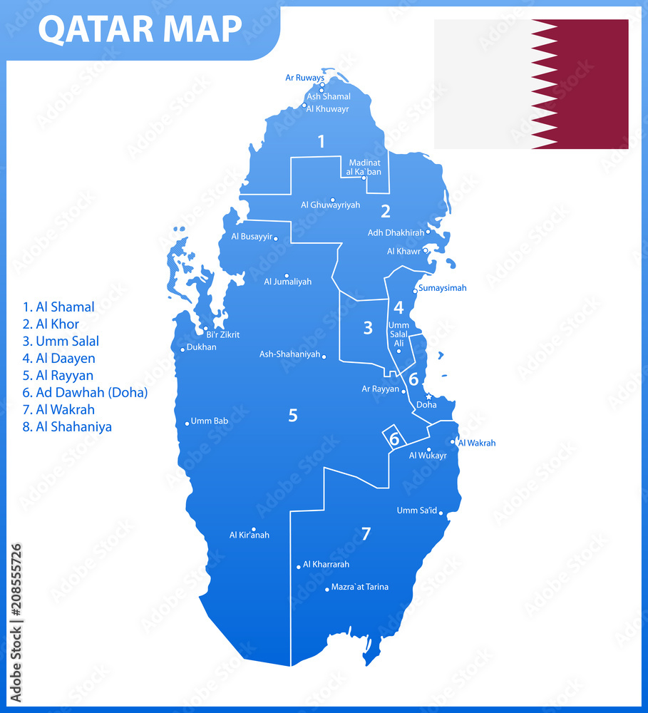 Vetor de The detailed map of Qatar with regions or states and cities ...