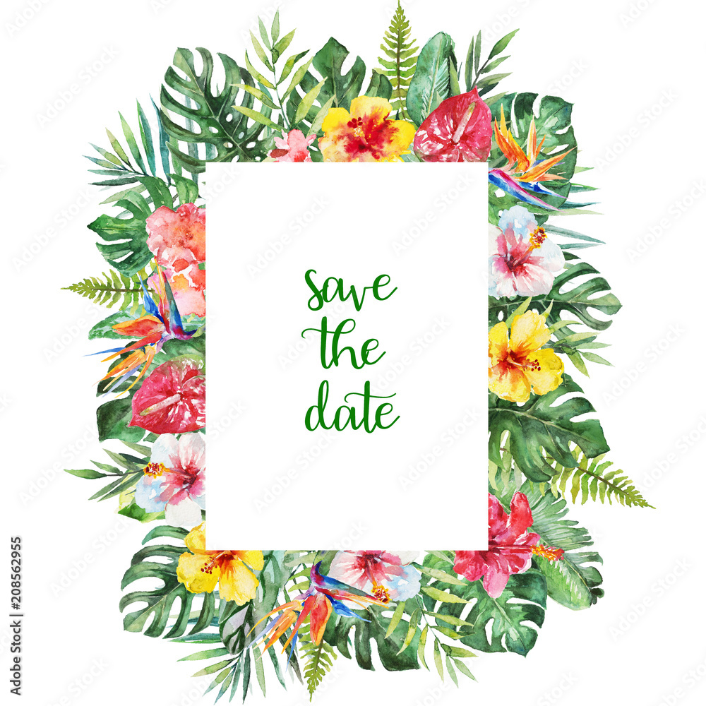 Watercolor tropical floral illustration - flower and leaf arrangement ...