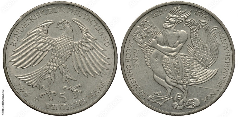 Germany German silver coin 5 five mark 1976, eagle, face value below ...
