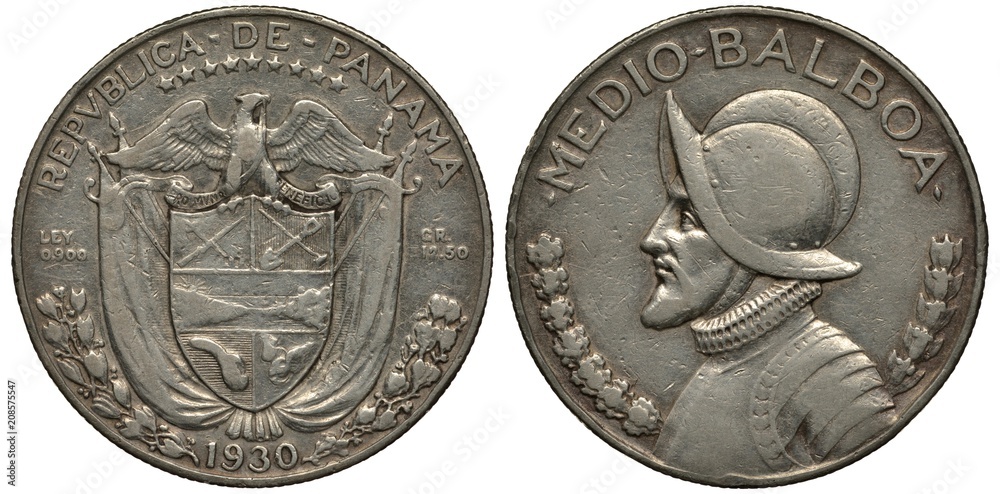 Panama silver coin 1/2 half balboa 1930, bust of Balboa in cuirass and ...
