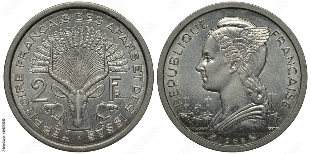 French Territories of Afars and Issas coin 2 two francs 1968, antelope ...
