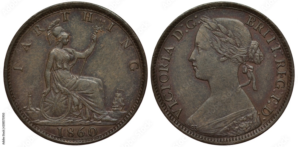 United Kingdom British coin 1 one farthing 1860, seating Britannia with ...