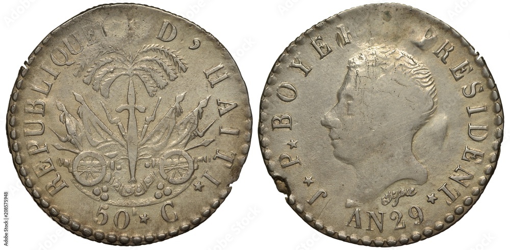 Haiti Haitian silver coin 50 fifty centimes 1832, palm tree with cap on ...