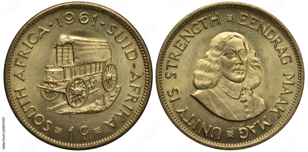 South Africa African coin 1 one cent 1961, wagon with big wheels ...