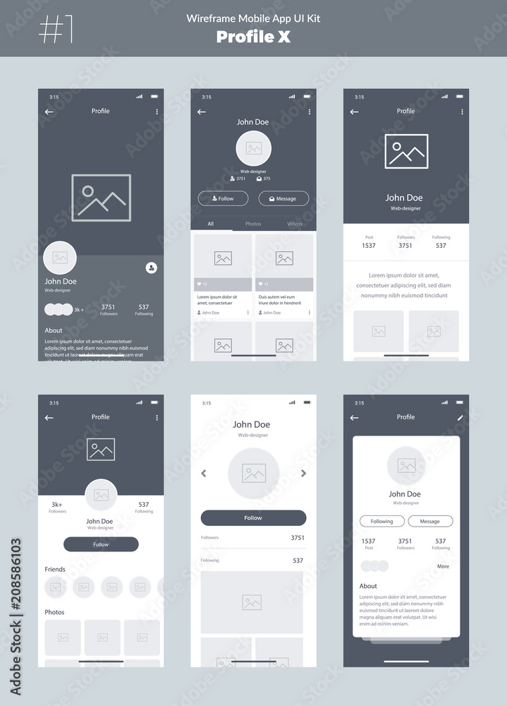 Wireframe kit for mobile phone. Mobile App UI, UX design. New profile ...
