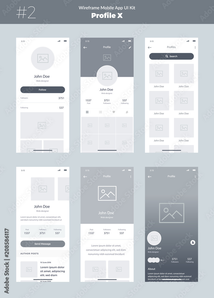 Wireframe kit for mobile phone. Mobile App UI, UX design. New profile screens: home, feed, about ...