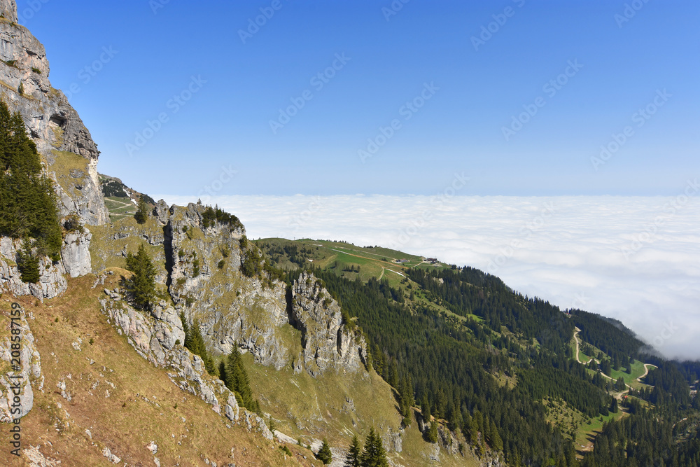 View from Aggenstein mountain (Allgaeu Alps) to the summit station of ...