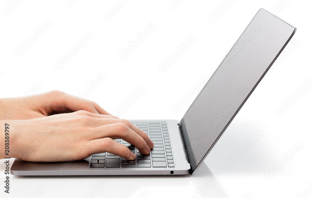 laptop with man's hand is typing isolated on white background Stock ...