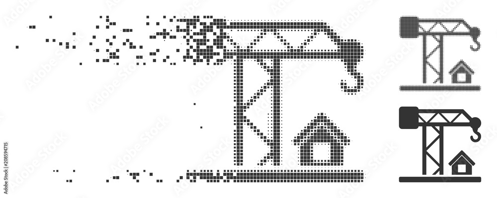 Gray vector construction crane icon in dissolved, pixelated halftone ...