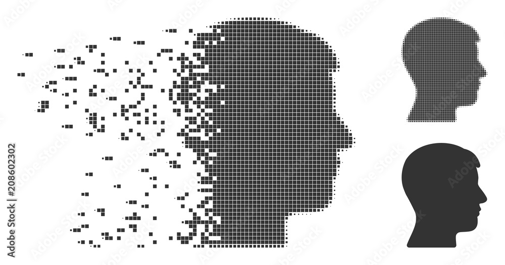 Grey vector man head profile icon in dissolved, pixelated halftone and ...
