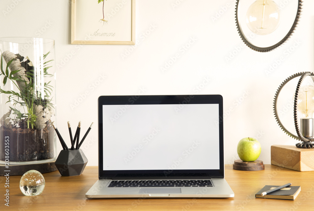 Laptop screen mockup. Modern home office interior with wooden desk ...