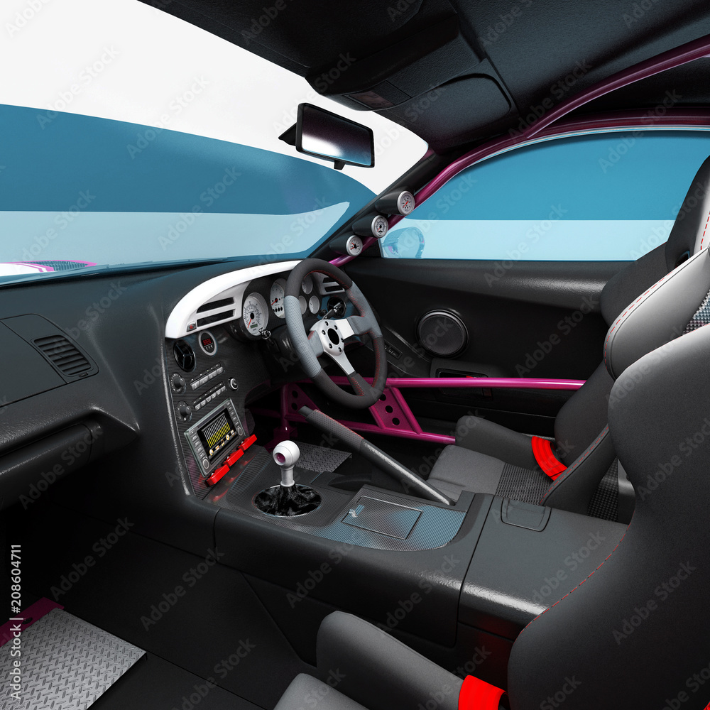 The interior of the car for racing. Executed elements and safety nodes ...