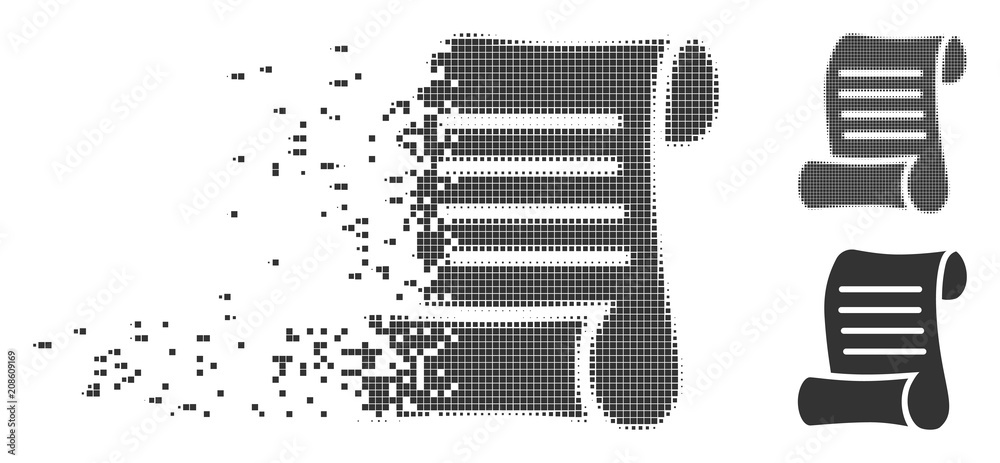 Gray vector script roll icon in dispersed, pixelated halftone and ...