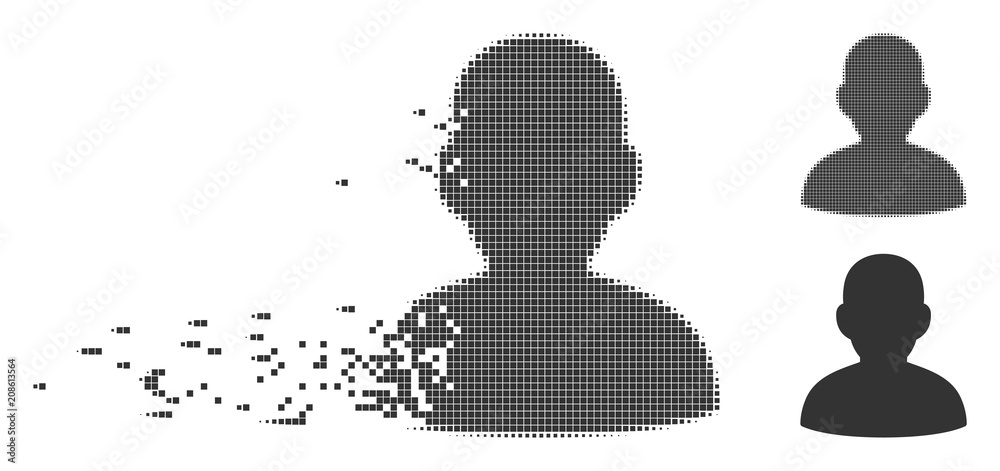 Grey vector user icon in dispersed, dotted halftone and undamaged solid ...