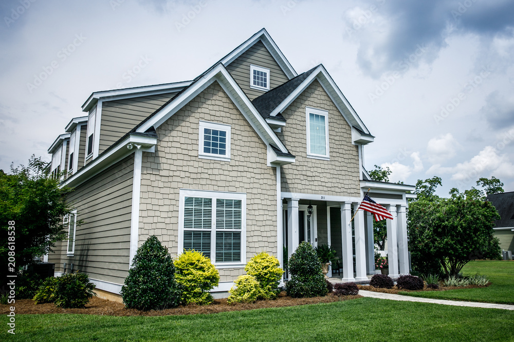 Craftsman Cottage Style Modern Suburban House in Subdivision Stock ...