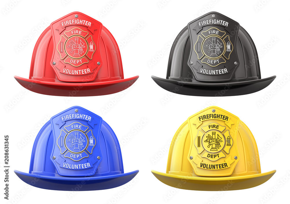 Firefighter helmets in front view isolated on white background Stock ...