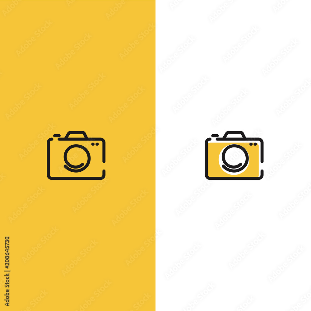 Creative logo with photo camera. Sign for the photographer. Black line ...