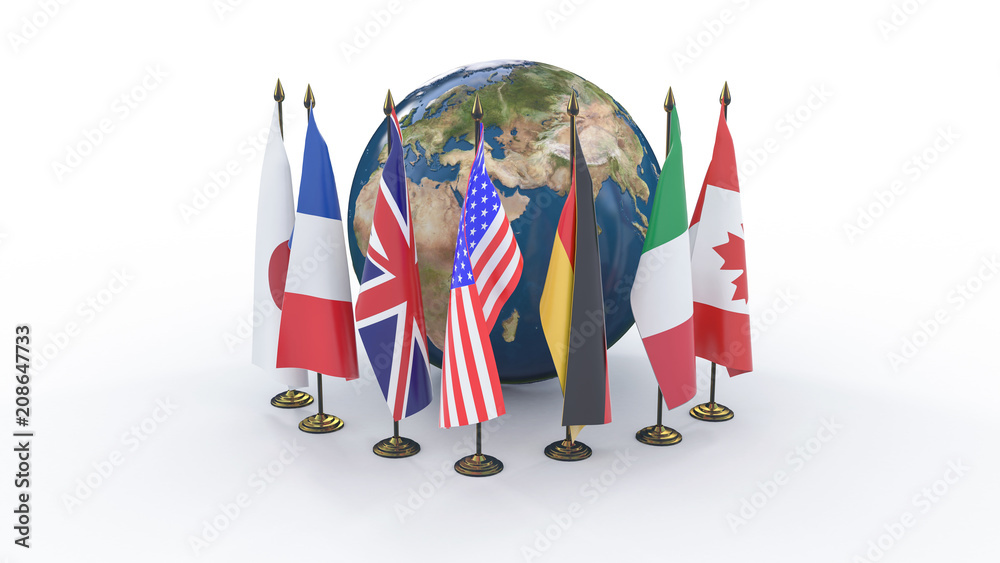 Flags of G7 members around the 3d Earth Globe isolated on white ...