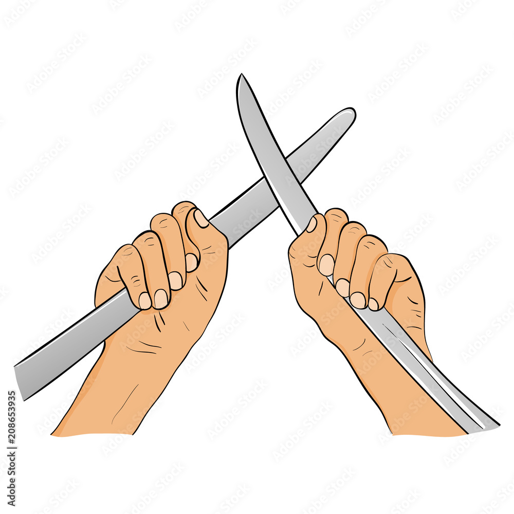 Hands breaking up a fight by taking apart sword blades. Cartoon vector ...