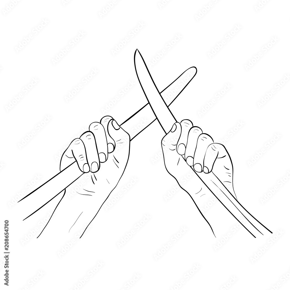 Hands Breaking Up A Fight By Taking Apart Sword Blades Cartoon Vector hands-breaking-up-a-fight-by-taking-apart-sword-blades-cartoon-vector