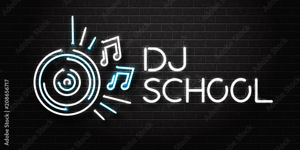 Vector realistic isolated neon sign of Dj School logo with vinyl for ...