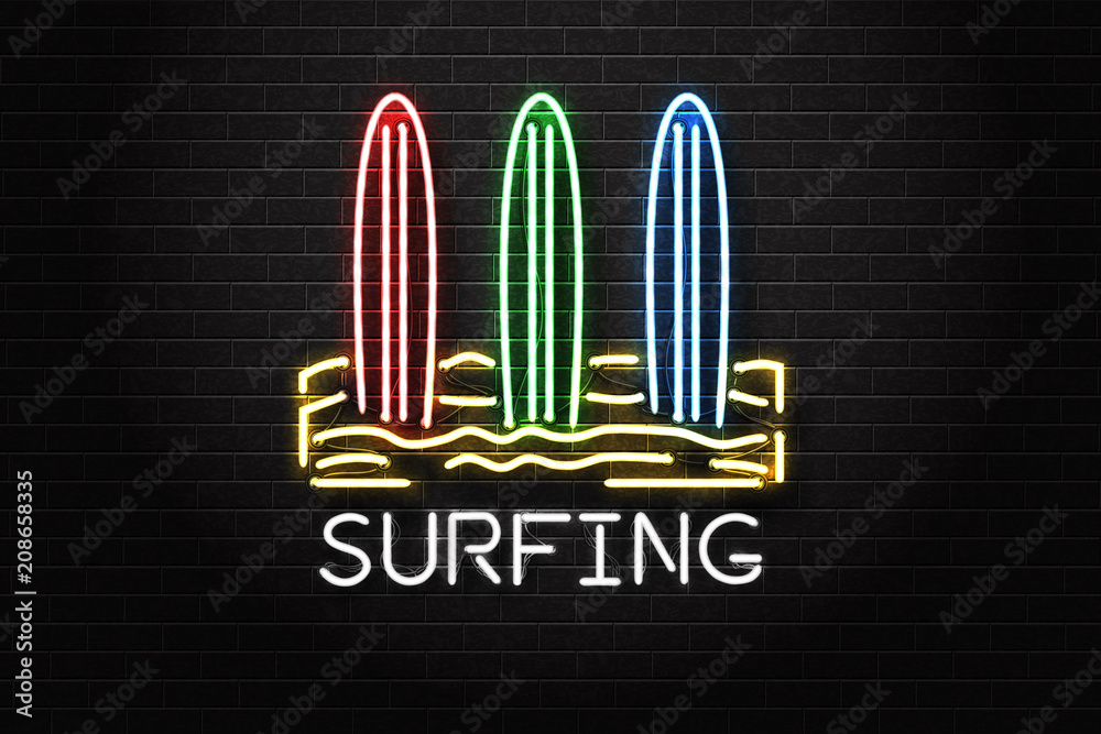 Vector realistic isolated neon sign of Surfing logo with beach and ...