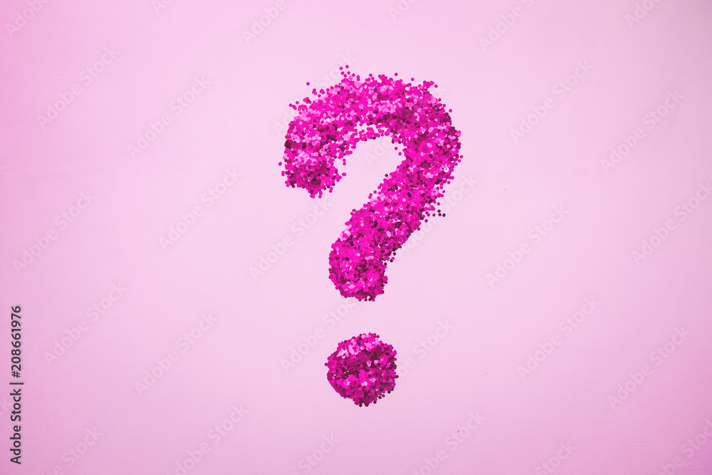 Question mark with glitter on colored background. Minimalism ...