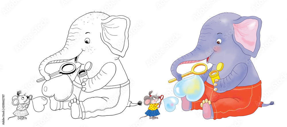 Cute and funny cartoon characters. Coloring page. Illustration for ...