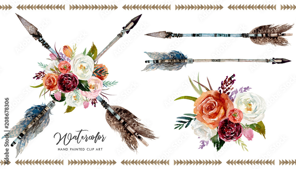 Watercolor boho floral illustration set - arrows with vivid colorful ...