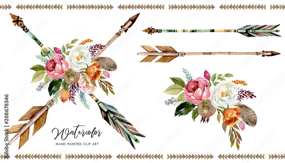 Watercolor boho floral illustration set - arrows with vivid colorful ...