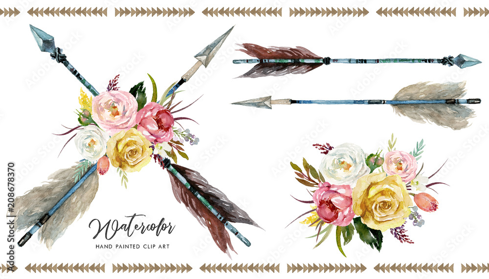Watercolor boho floral illustration set - arrows with vivid colorful ...