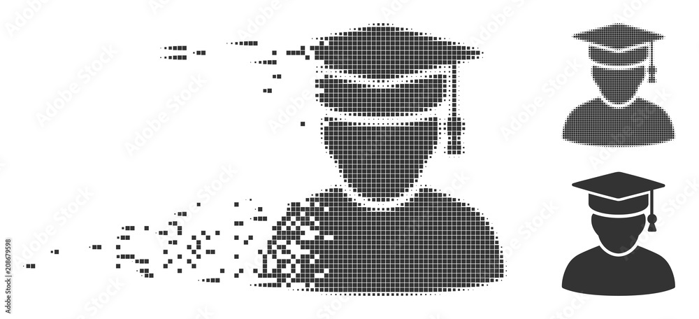 Gray vector knowledge man icon in dispersed, pixelated halftone and ...