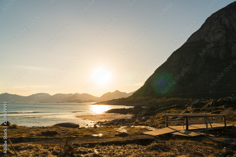 Sunset at the Rorvikstranda beach near Henningsvaer at Lofoten Islands ...