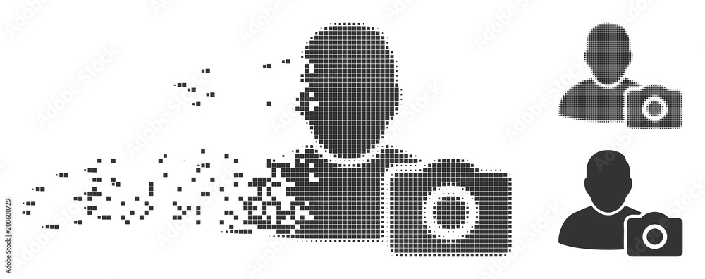 Gray vector user photo icon in fractured, pixelated halftone and ...