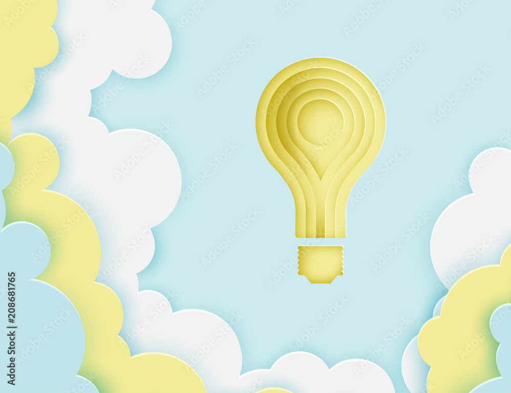Paper art cartoon light bulb like a sun in blue sky with paper cluods ...