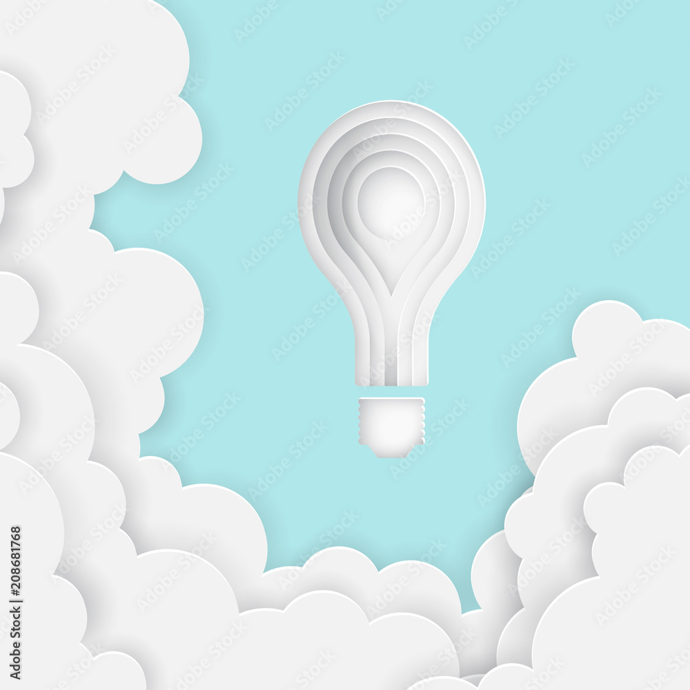 Paper art cartoon light bulb like a sun in blue sky with paper cluods ...