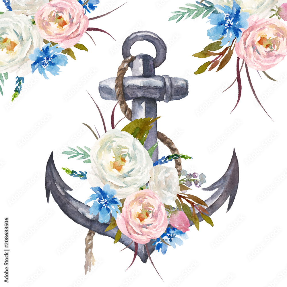 Watercolor hand drawn nautical / marine / floral illustration with ...