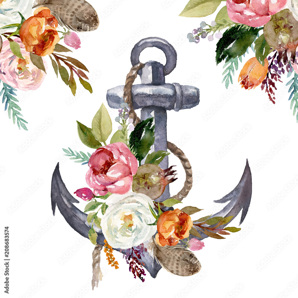 Watercolor hand drawn nautical / marine / floral illustration with ...