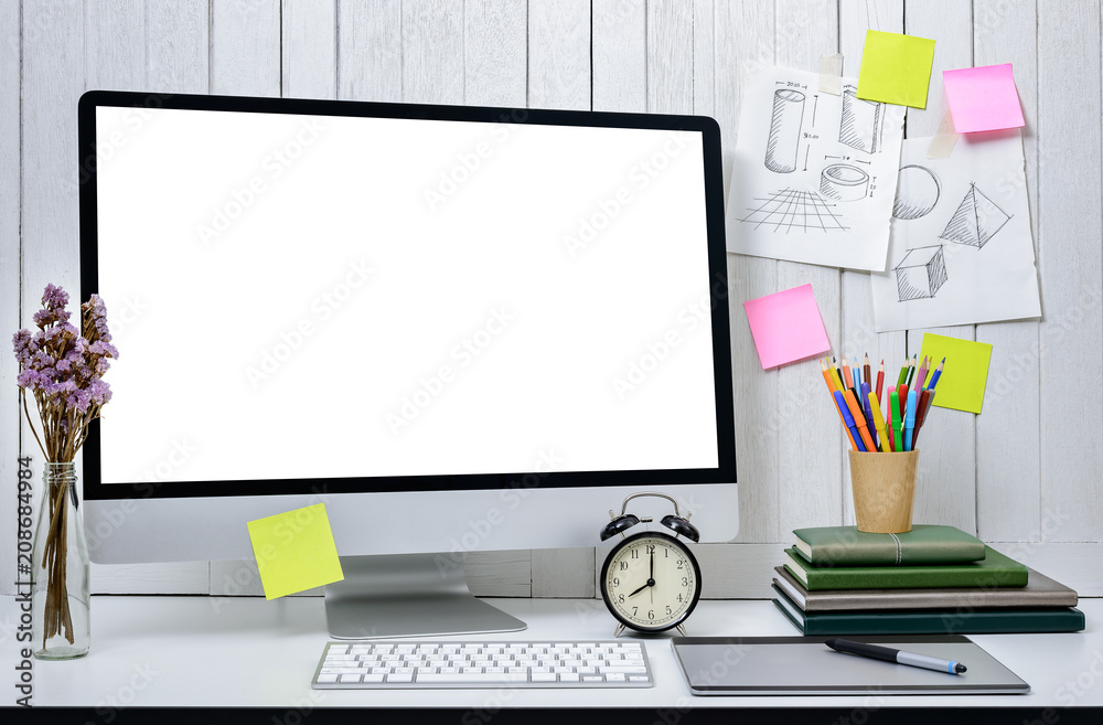 workplace background for designers with Blank white screen modern ...