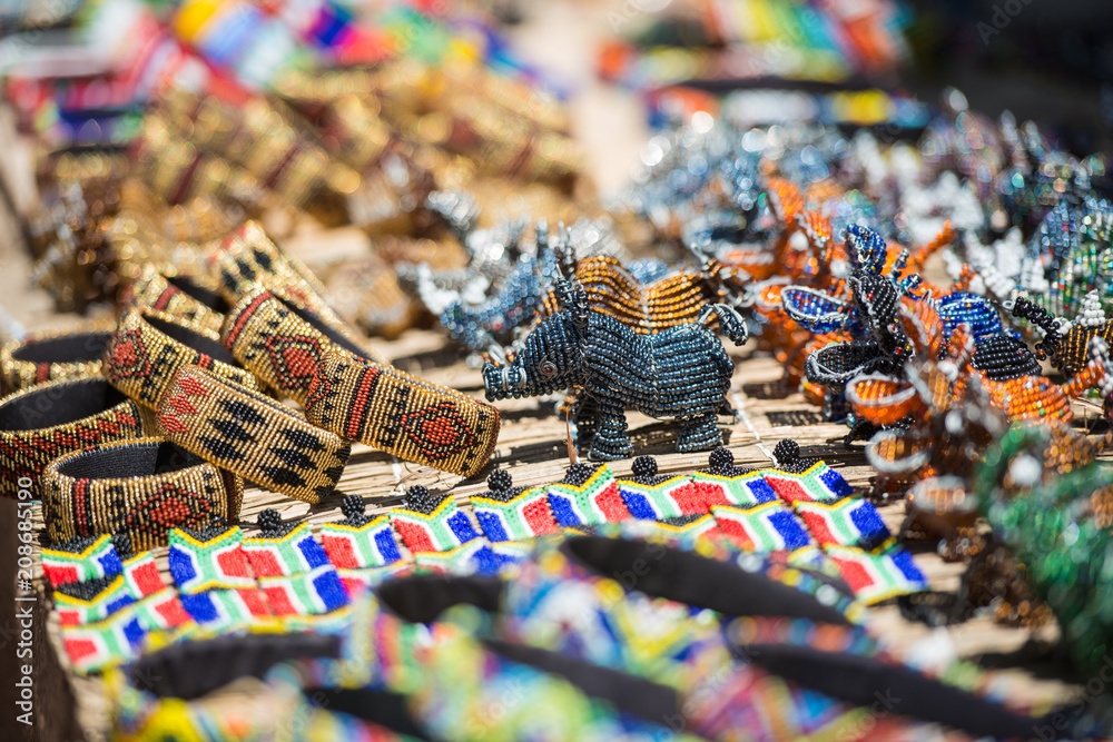 Colorful South African Bead Art in Bracelets, Rhino and Hippos in open ...