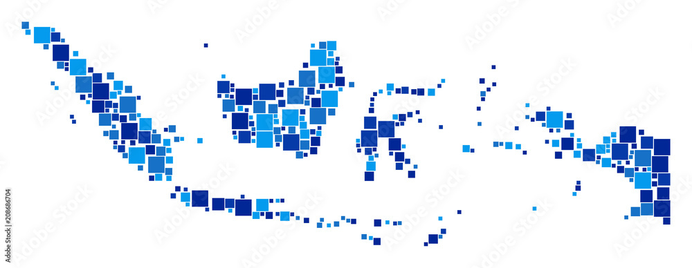 Indonesia map collage of scattered filled squares in various sizes and ...