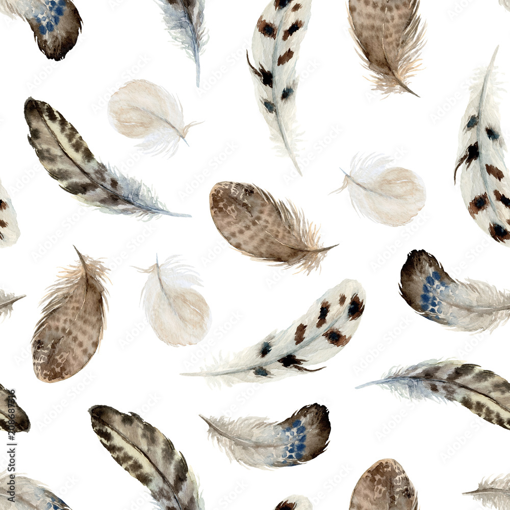 Watercolor boho seamless pattern of feathers on white background ...