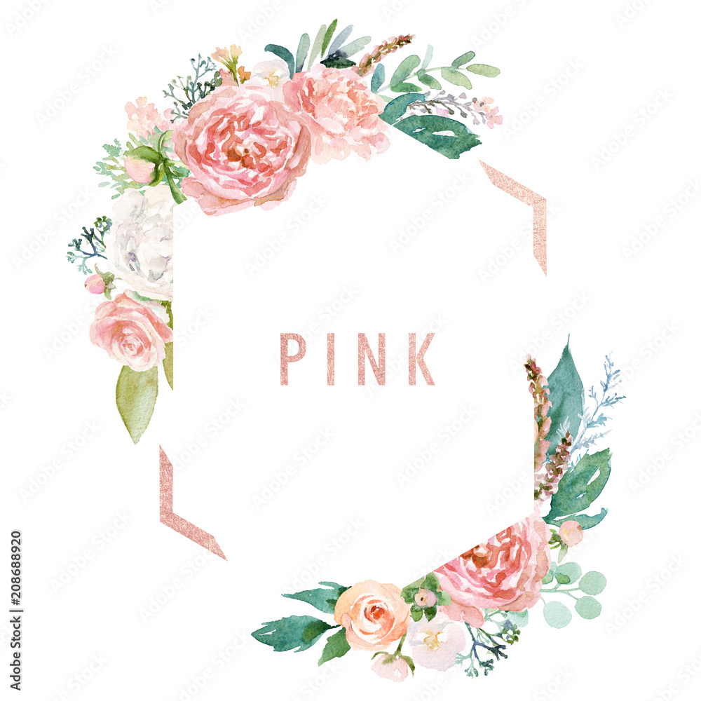 Watercolor floral illustration - geometric frame with bright peach ...