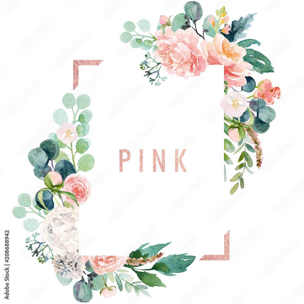 Watercolor floral illustration - geometric frame with bright peach ...