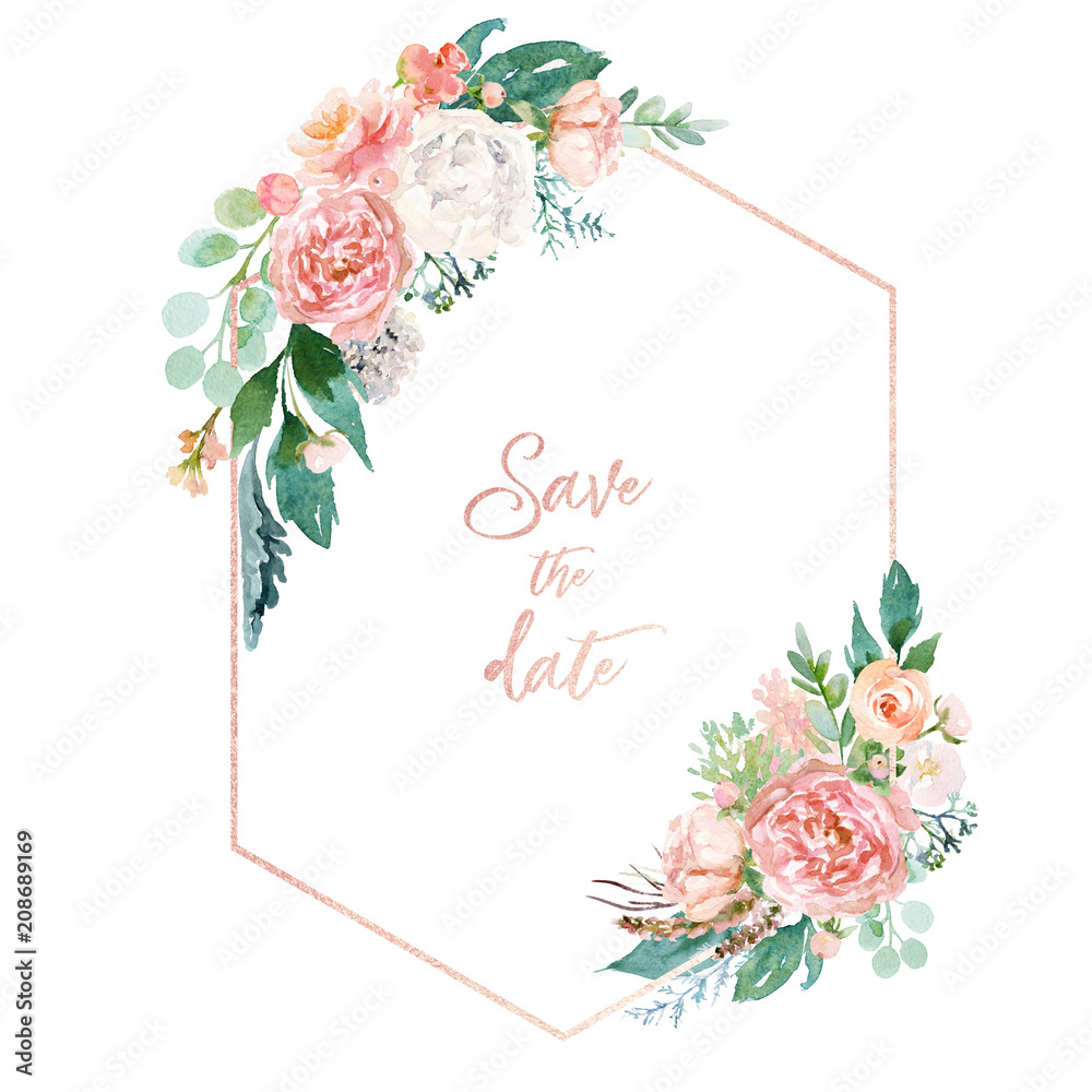 Watercolor floral illustration - geometric frame with bright peach ...