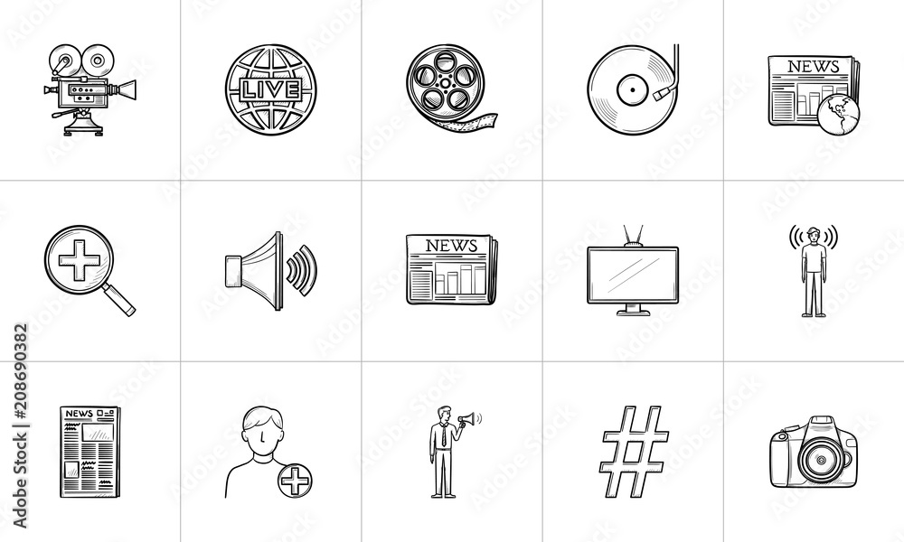 Media hand drawn outline doodle icon set for print, web, mobile and ...