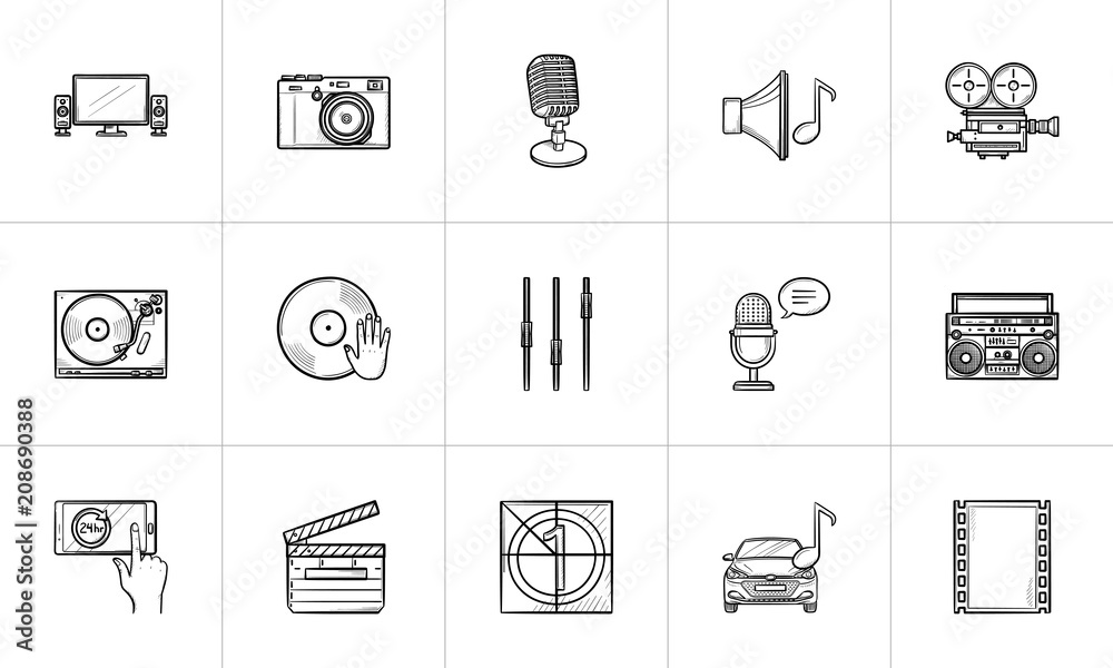 Media hand drawn outline doodle icon set for print, web, mobile and ...