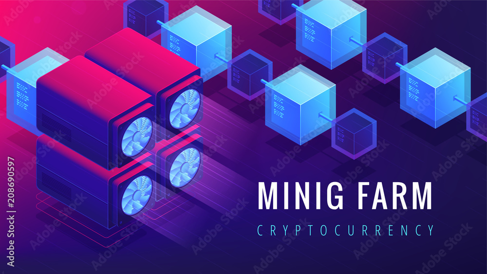 Isometric mining farm landing page concept. GPU mining farm ...